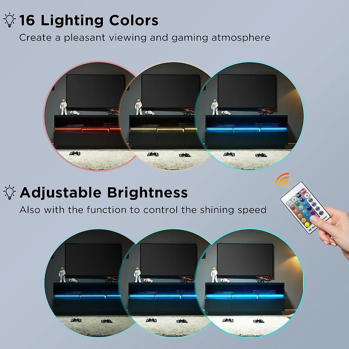 T4TREAM LED TV Stand for 65 Inch TV, Modern Gaming Entertainment Center with LED Lights, Media Storage Console Table with Large Sliding Drawer & Side Cabinets for Living Room, Solid Black, 58 Inch