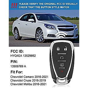 Keyless Entry Remote Car Key Fob for Chevy Malibu 2016-2021, Chevy Cruze 2016-2019, Chevy Camaro 2016-2021, 433MHz ID46 Chip 5 Button, HYQ4EA 13529662