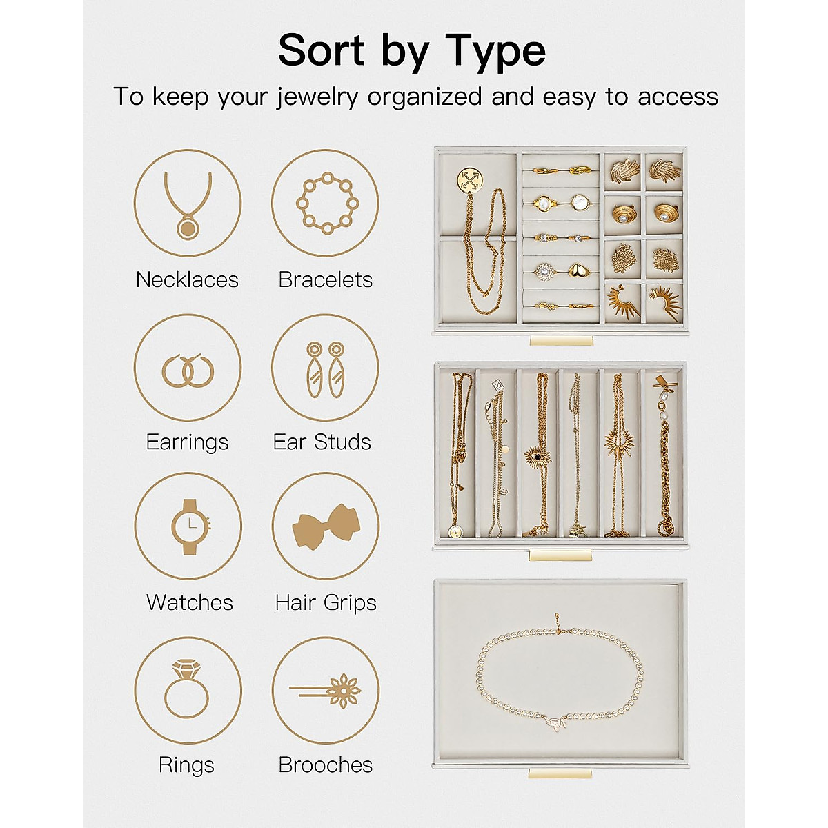 Vlando Jewelry Box for Women, Glass Lid Jewelry Organizer with 3 Drawers for Necklaces Rings Earrings Bracelets Christmas Gift - White