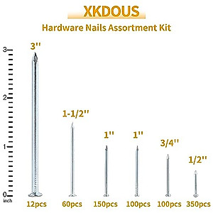 XKDOUS 722pcs 6 Sizes Hardware Nails Assortment Kit, Up to 3"-Long Galvanized Nails, Small Nails,Wood Nails, Wall Nails for Hanging Pictures