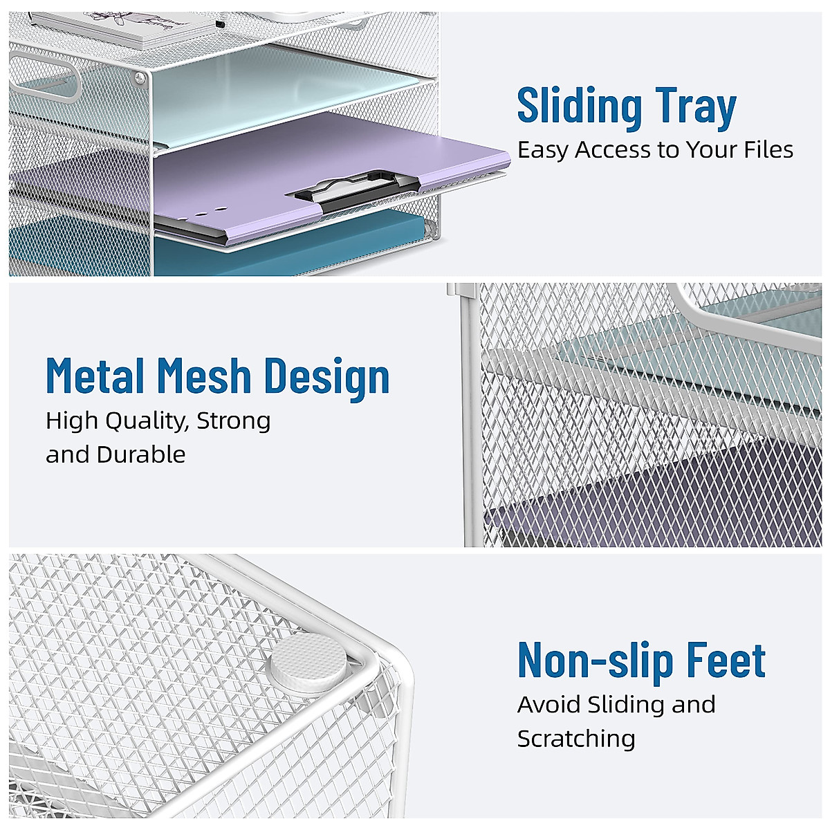 DALTACK 3 Tier Letter Tray Paper Organizer with Handle, Mesh Desk File Organizer, Paper Tray Desk Organizer for School Office Home, Metal Mesh, White
