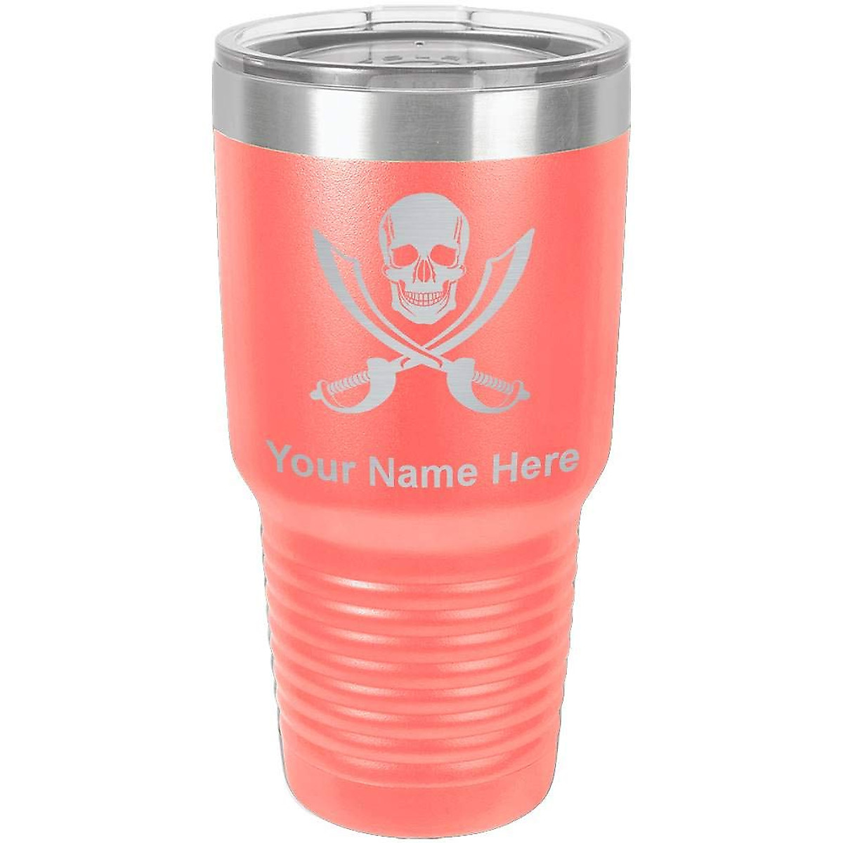 LaserGram 30oz Vacuum Insulated Tumbler Mug, Jolly Roger, Personalized Engraving Included (Coral)