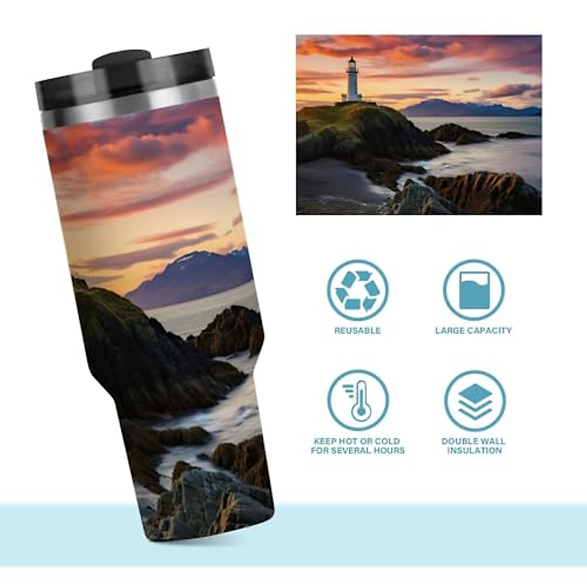 FRCSDIY Seaside Lighthouse Insulated Tumbler with Handle and Straw Lid,40oz Leakproof Stainless Steel Cup BPA-Free Water Bottle