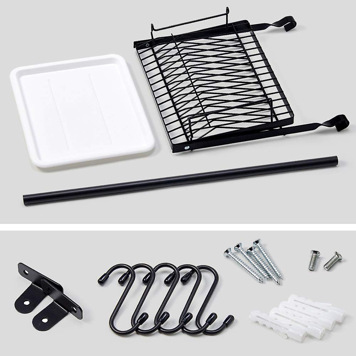 EZOWare Kitchen Wall Mount Utensil Holder Organizer Set, 23.6 ich Hanging Rail Rod, Foldable Dish Rack with Drain Board and 5 S Hooks for Hanging Plates, Pots, Pans, Lids, Utensils - Black