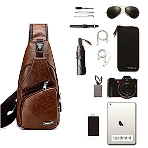 ESLETO Men's Sling Bag Chest Shoulder Backpack Waterproof Crossbody Bag with USB Charging Port for Travel Hiking (Brown)