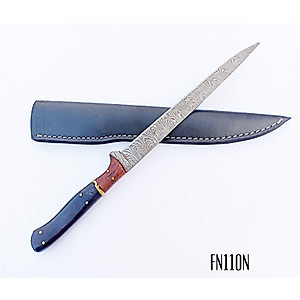 Nooraki F110N Handmade Damascus Steel Large Fillet Knife Hunting Fishing, Full Tang Wood & Horn Handle, 13.5 inch Sharp