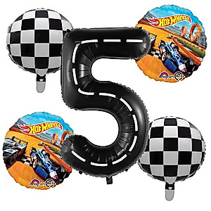Hot Race Car Wheels Birthday Balloons - Set Of 5 Boys Racecar Party Balloon Decorations For A 5th Happy Birthday Cars Themed Racing Baloon Bouquet Backdrop 5th
