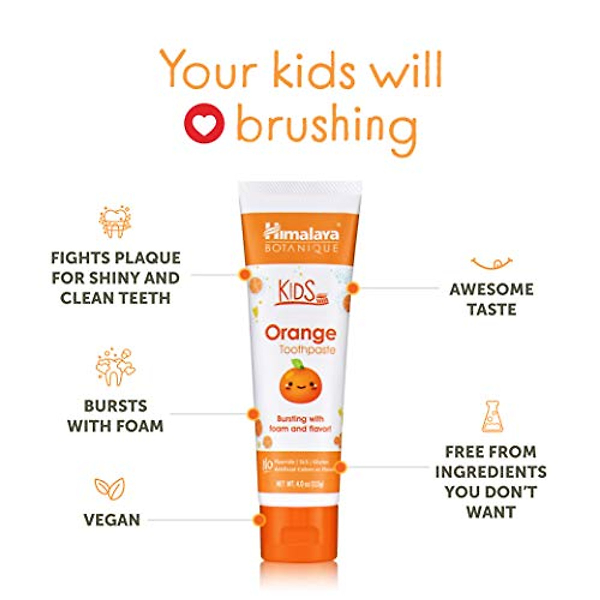 Himalaya Botanique Kids Toothpaste, Orange Flavor to Reduce Plaque and Keep Kids Brushing Longer, Fluoride Free, 4 oz, 4 Pack