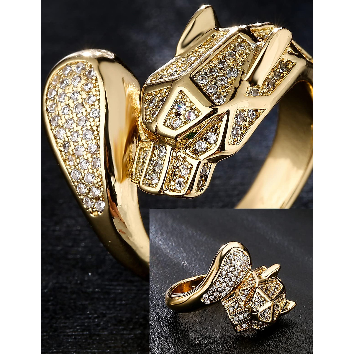 AIKAITUO 14K Gold Transparent Crystal Rhinestone Cheetah Leopard Head Ring Adjustable Statement-ring for Women