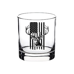 Rogue River Tactical USA Tattered Flag Buck Deer Hunting Old Fashioned Glass Drinking Cup Gift For Hunter