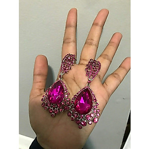 3.25" Long Hot Pink Fuchsia Dangle Pageant Rhinestone Crystal Silver Earrings