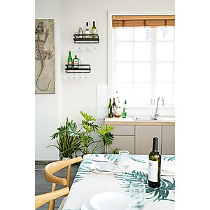 Mkono Set of 2 Wall Wine Rack Rustic Wine Bottle Floating Shelves with Stemware Hanger and Mug Tree Coffee Cup Holder for Countertop with 6 Hooks