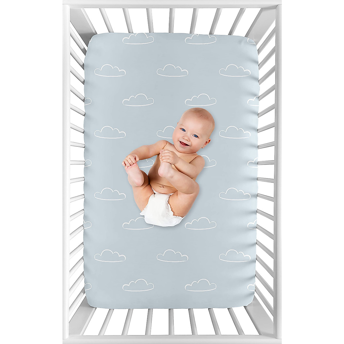 Sweet Jojo Designs Blue Clouds Boy Fitted Mini Crib Sheet Baby Nursery for Portable Crib or Pack and Play - Slate and White Cloud Sky for Vintage Airplane Aviator Aviation Collection