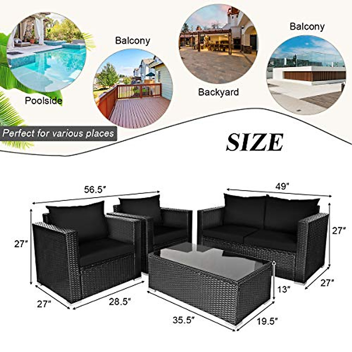 HAPPYGRILL 4 Pieces Patio Conversation Set Outdoor Rattan Furniture Set with Tempered Glass Tabletop & Removable Cushions Sectional Wicker Sofa Set for Garden Backyard Poolside