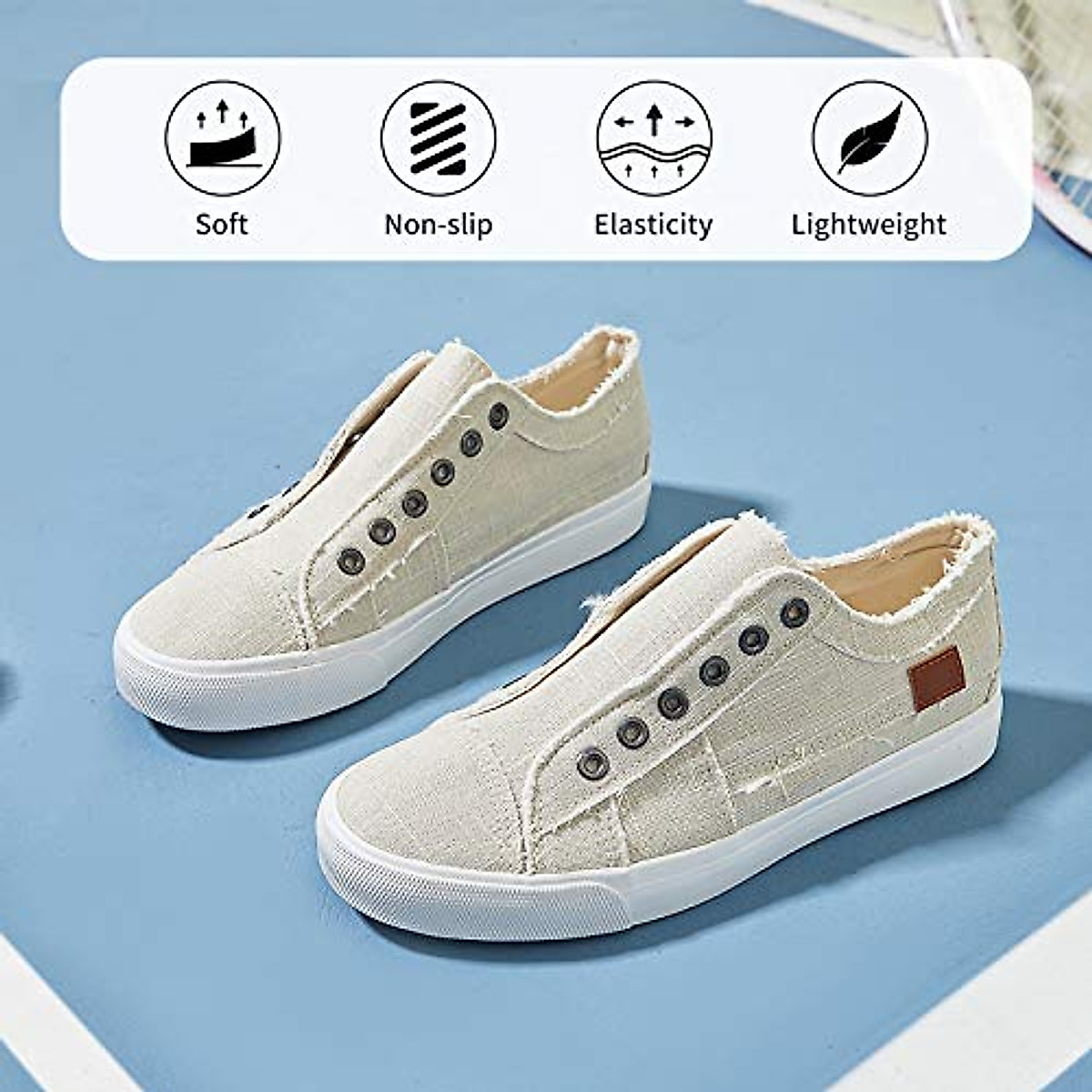 Women's Slip on Shoes Fashion Canvas Sneakers Non Slip Low Top Casual Shoes(Beige.US5)