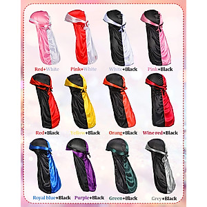 12 Pieces Silky Durag Pirate Cap Long Tail Headwraps for Men and Women Silky Durag Hip Hop Rapper Doo Rag Sleep Hat (Two-Tone Style)