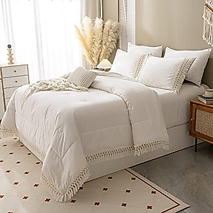 Boho King Comforter Set White Gold Comforter Set Shabby Chic Farmhouse Gold Hand Made Tufted Tassel Aesthetic Home Decor Comforter 1 Cotton Comforter 2 Pillowcases (White, King)