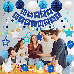Blue Happy Birthday Decorations, 41 Pack Happy Birthday Banner, Balloons, Backdrop, Hanging Swirl, Honeycomb Ball and Circle Dot Garland Supplies for Birthday Party