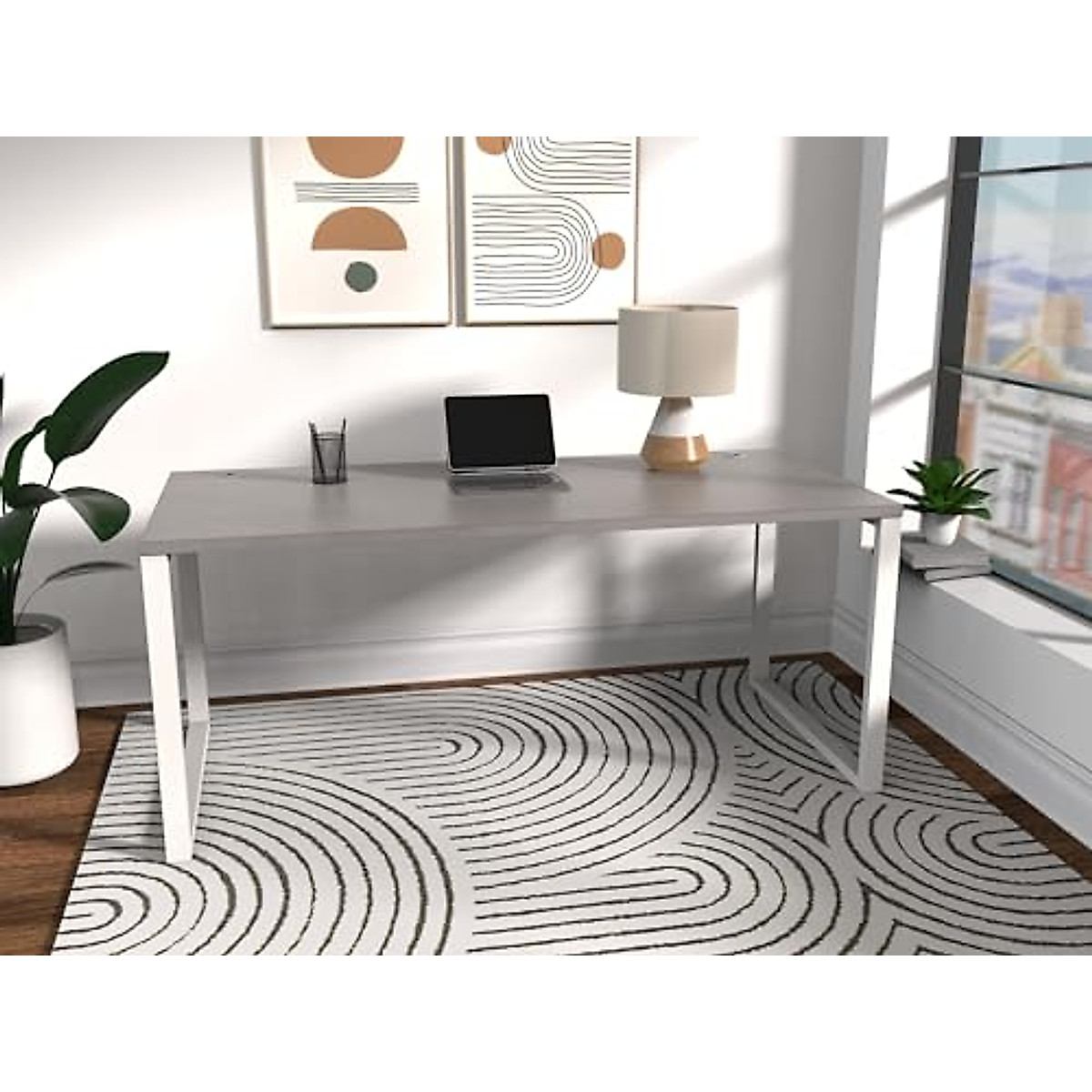 Connect it 60"x30" Desk with Grey Strand Top and Modern White Metal O-Leg Frame