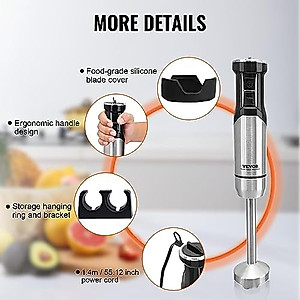 VEVOR Immersion Blender, 12-Speed Heavy Duty Immersion Blender, 800W Instantaneous PowerStainless Steel Blade Copper Motor Hand Mixer, Portable Mixer with Measuring Cup, Whisk, Milk Frother