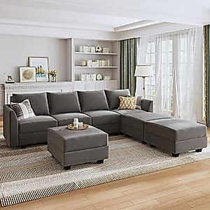HONBAY Modular Sectional Sofa Velvet U Shaped Couch with Ottomans Convertible Sectional Couch 7 Seater Sofa with Storage Seat, Grey