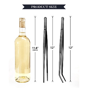 12-inch Cooking Tweezer and Curved Tong Set, Tongs Precision Serrated Tips, Stainless Steel Professional Chef Tweezer Kitchen Tools for BBQ, Plating and Serving