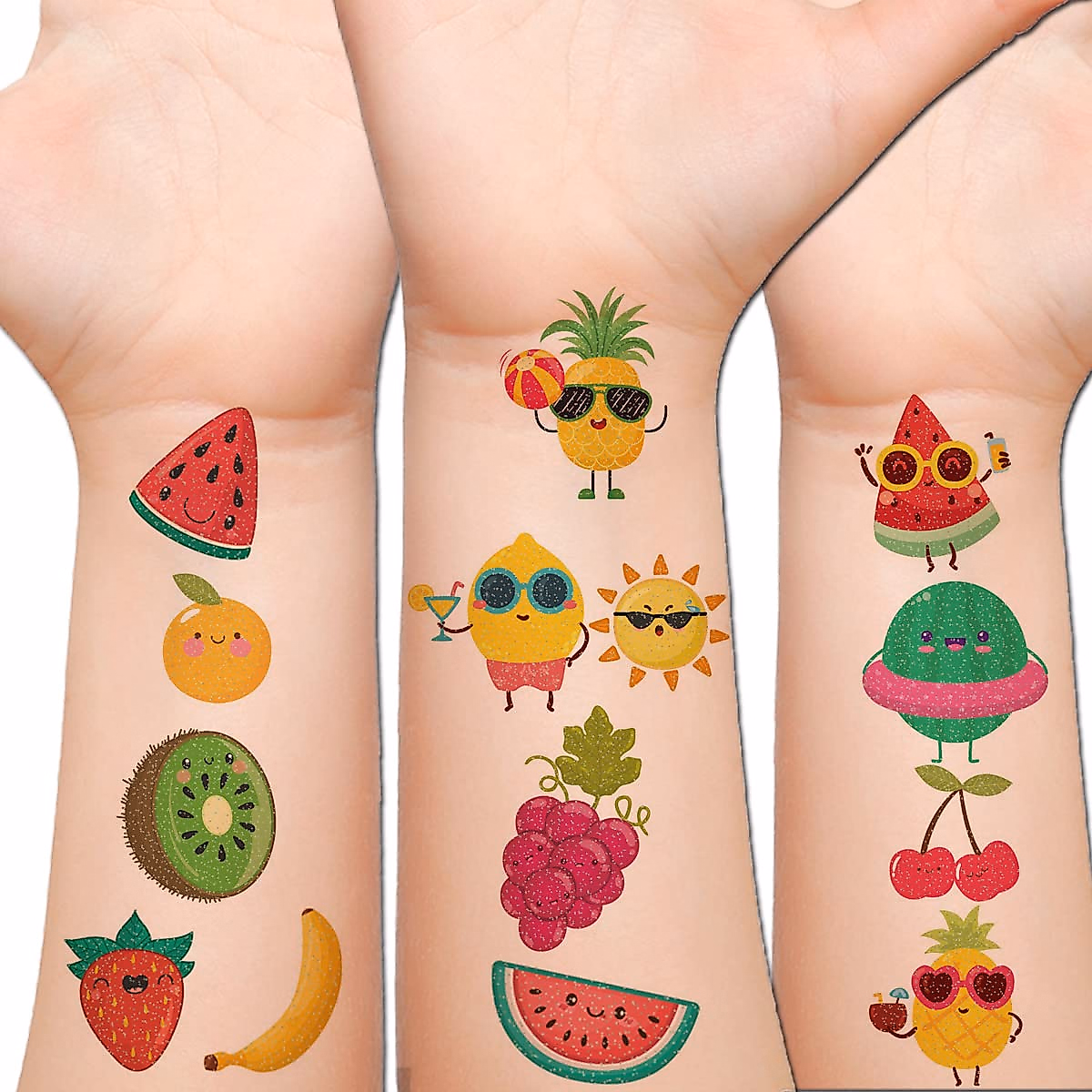 Hohamn Glitter Fruit Temporary Tattoos for Kids - 100+ Cartoon Fruit Summer Tattoos for Girls Boys Birthday Party Supplies Favors
