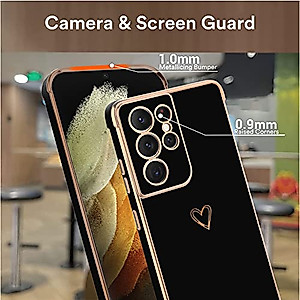 MZELQ Compatible with Samsung Galaxy S21 Ultra 5G Case for Women Cute Luxury Love Heart Pattern Design Full Camera Protection Soft TPU Reinforced Corners Protective Plating Edge Phone Case - Black