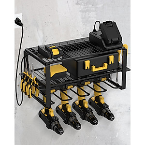 Wall Mount Power Tool Organizer and Charging Station - 6 AC Outlets, 3 Layers for Drills, Great as Heavy Duty Garage Tool Rack
