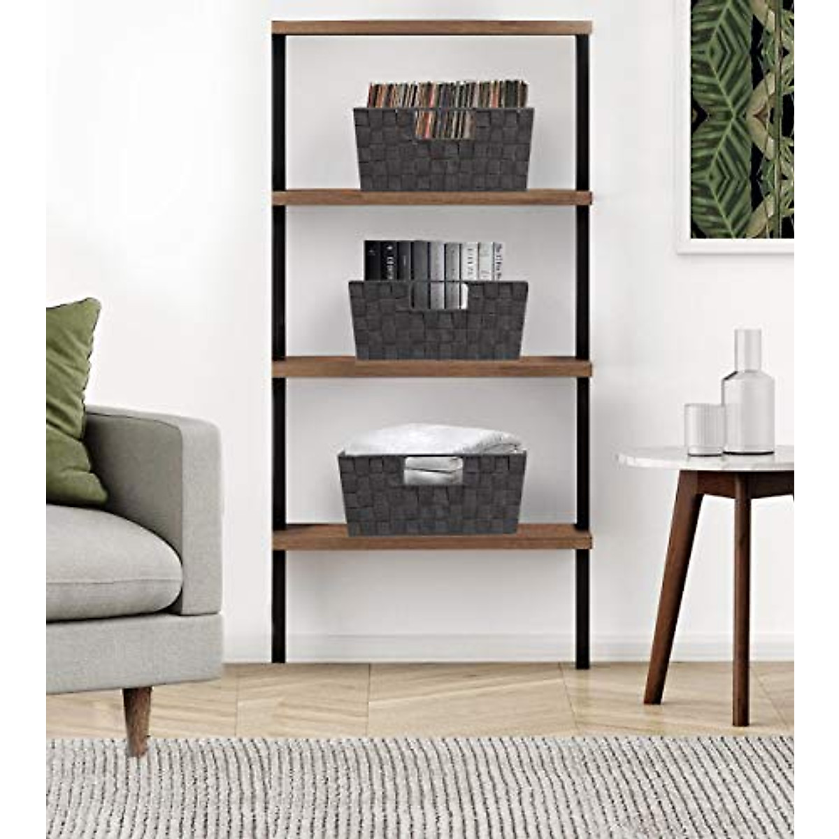 Sorbus Woven Basket Bin Set - Shelf Storage Tote Baskets for Household Items - Stackable with Woven Straps & Built-in Carry Handles (Gray)