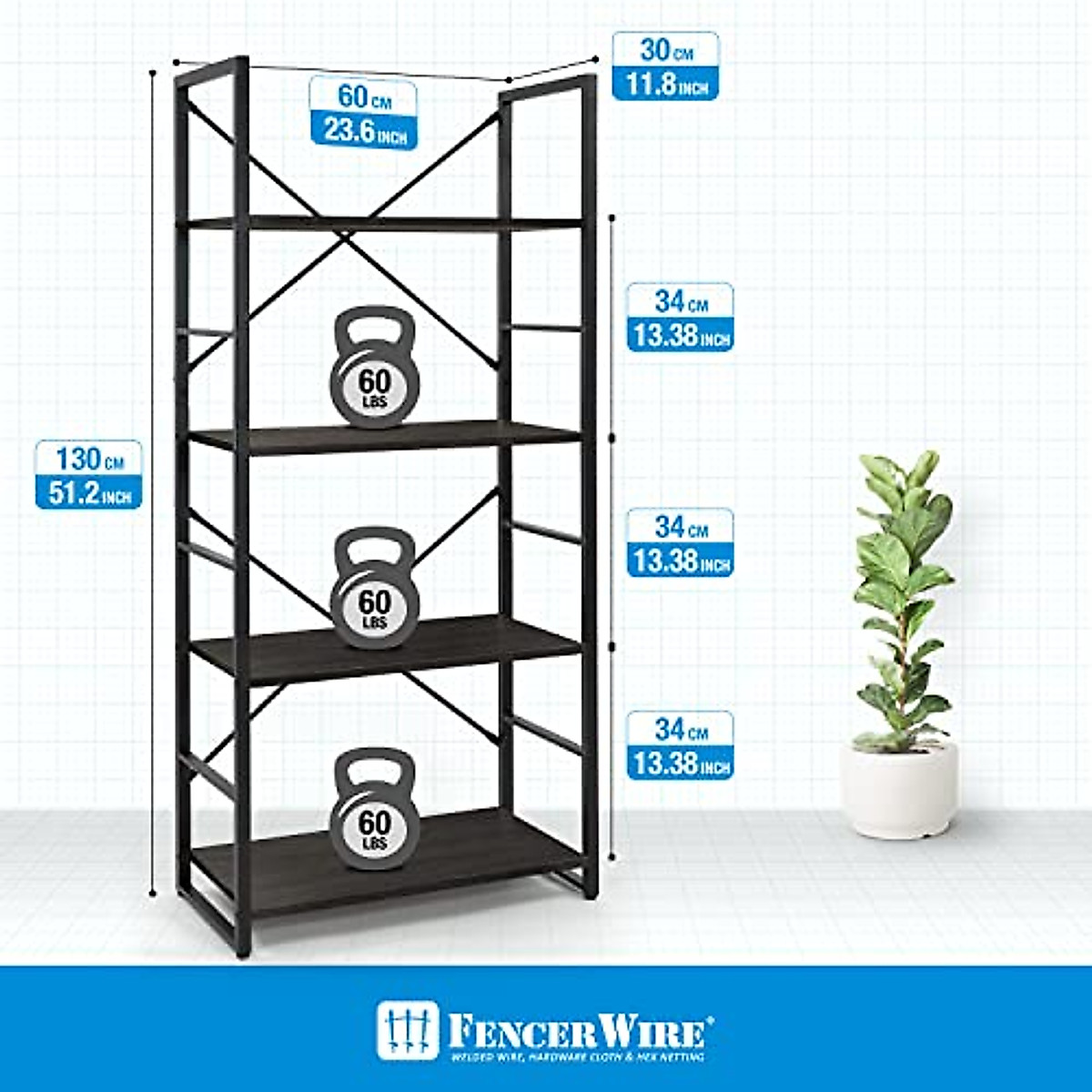 Fencer Wire 4 Tier Free Standing Shelf, 24 Inch Width Bookshelf, Bookcase Shelf Storage Organizer, Industrial Book Shelves for Home Office, Living Room, Kitchen, Black Wooden Shelves & Metal Frame
