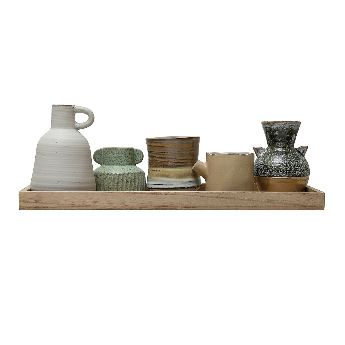 Creative Co-Op Mango Wood Tray with 3 Vases and 2 Planters, Multicolor Reactive Glaze, Set of 6