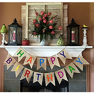 Vagski Happy Birthday Burlap Banner Colorful Bunting Banner Garland Flags for Birthday Party Decorations Rustic Birthday Sign VAG041