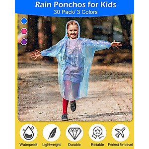 30 Pcs Kids Rain Ponchos Bulk Disposable Rain Ponchos for Kids Emergency Ponchos Disposable Ponchos Pack (Pink, Purple, Blue)