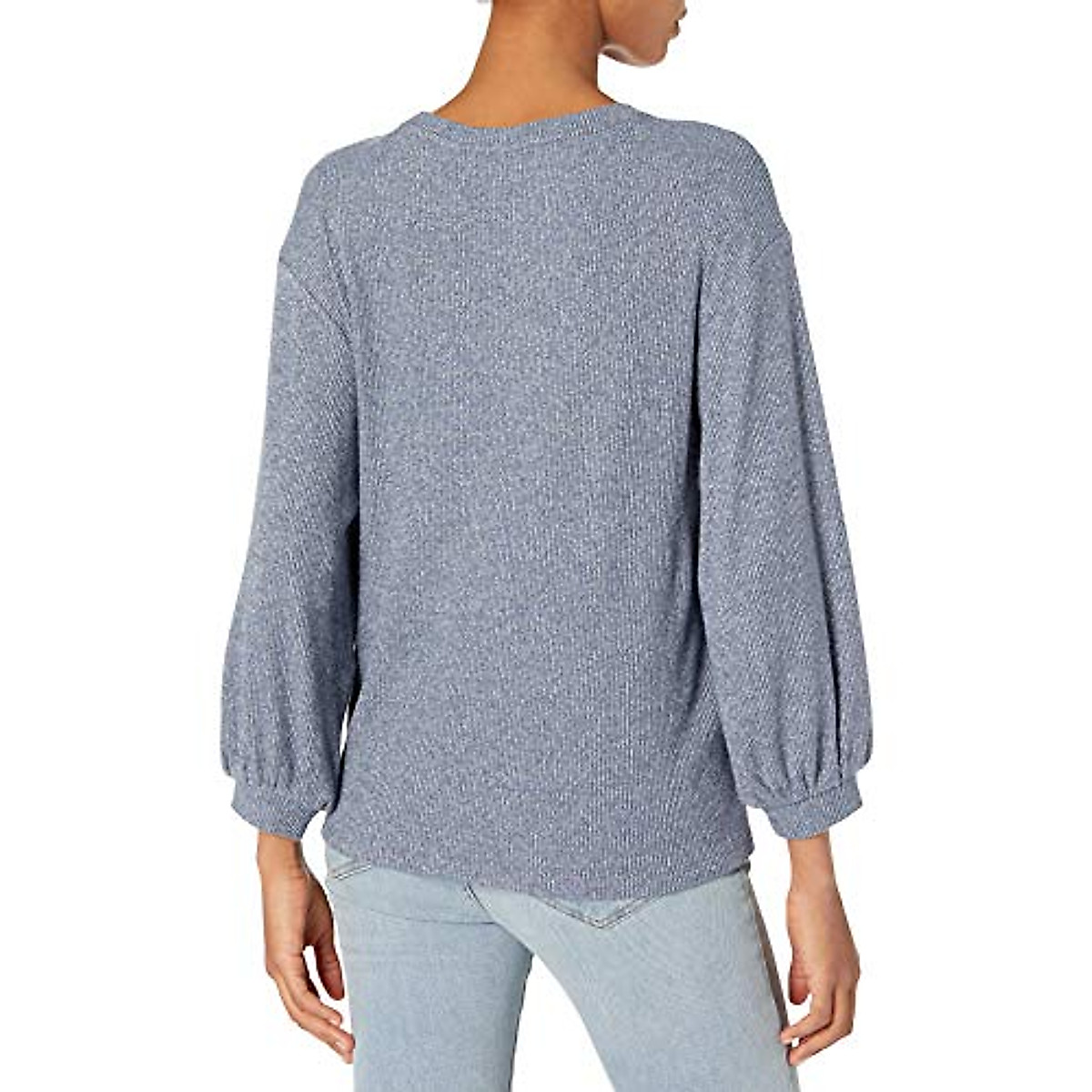 Daily Ritual Women's Cozy Knit Rib Blouson-Sleeve Sweatshirt, Blue Marl, Medium