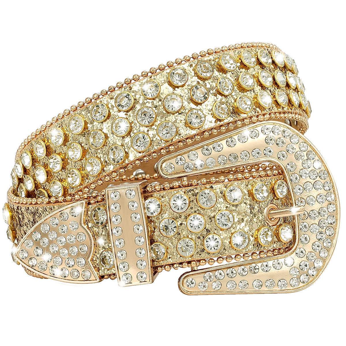 WHIPPY Women Rhinestones Leather Belt Bling Studded Western Cowgirl Waist Belt for Jeans Pants,S,Gold