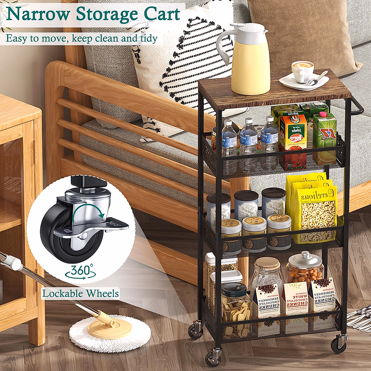 XYZLVSI Slim Storage Cart 4 Tier Fruit and Vegetable Baskets for Kitchen Small Space, Narrow Rolling Cart on Wheels with Wooden Top and Metal Handle for Pantry, Bathroom, Laundry Room