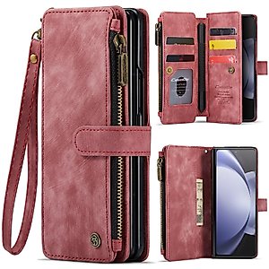 ANROD Wallet Case for Samsung-Galaxy-Z-Fold-5-5G,PU Leather Flip Magnetic Closure Shockproof Zipper Purse Cover for Samsung Galaxy Z Fold 5 5G,with Card Slots (Red)