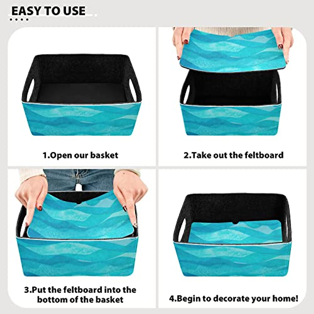 Kcldeci Watercolor Sea Ocean Wave Blue Teal Turquoise Colored Wave Storage Bins Baskets for Organizing, Sturdy Storage Basket Foldable Storage Baskets for Shelves Closet Nursery Toy