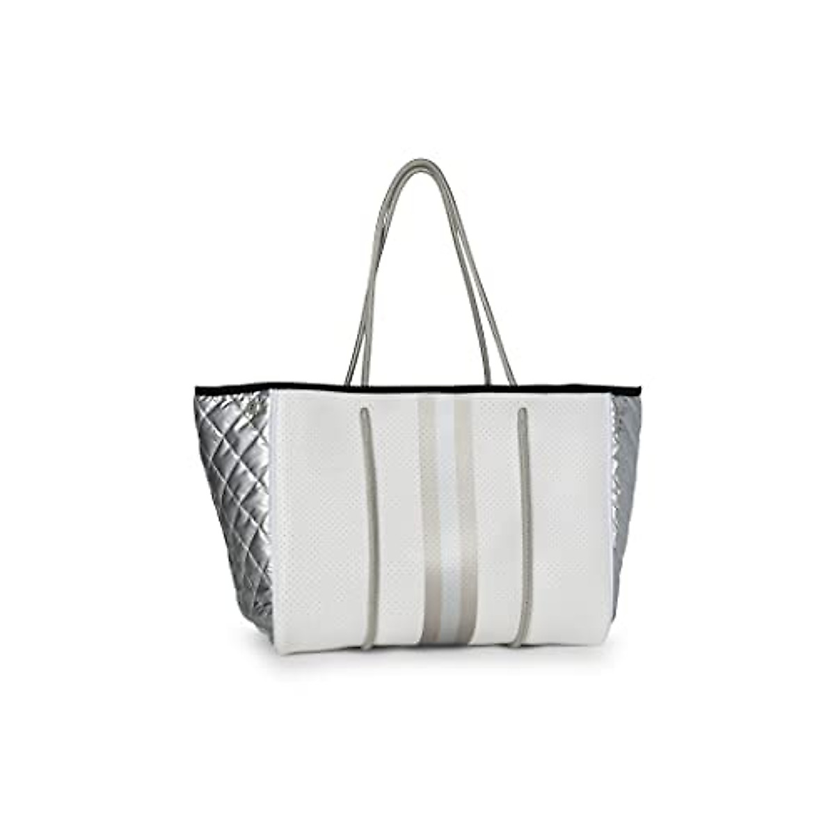 Haute Shore - Greyson Vapor Neoprene Tote Bag w/Zipper Wristlet Inside, White Coated W/Silver & Rosegold Stripe, One_Size