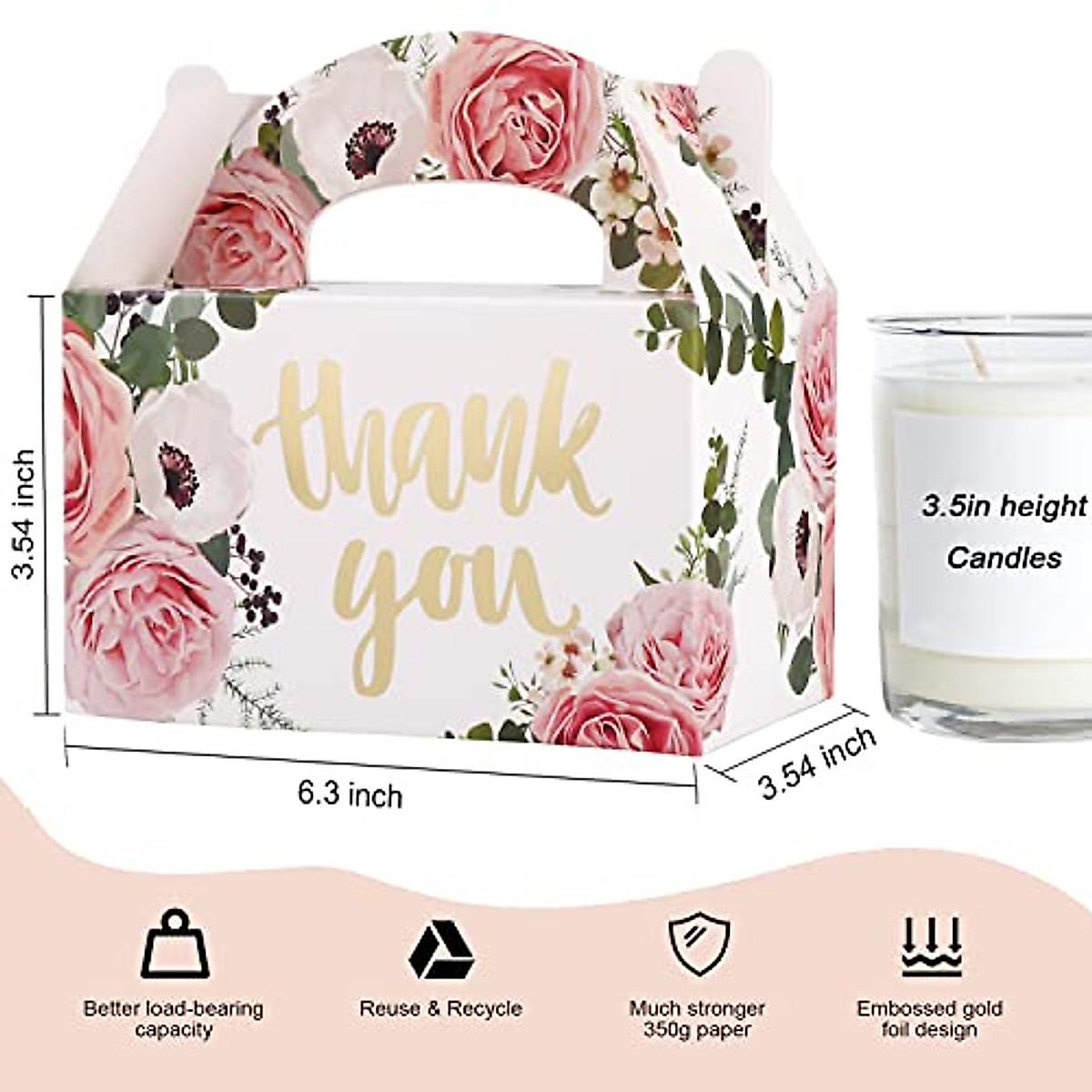 SOSFKIM Gable Treat Boxes Large 24 Pack - Floral Party Favor Boxes Bulk Embossed Foil 6.3x 3.5x 3.5in - Goodie Gable Boxes for Baby Shower, Wedding, Birthday