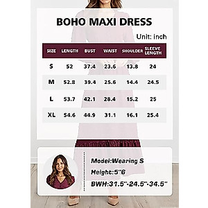 MASCOMODA Women Boho Maxi Dress 2023 Long Sleeve V Neck Swiss Dot Smocked High Waisted Button A-Line Ruffle Tiered Fall Long Dress(Medium, Wine Red)