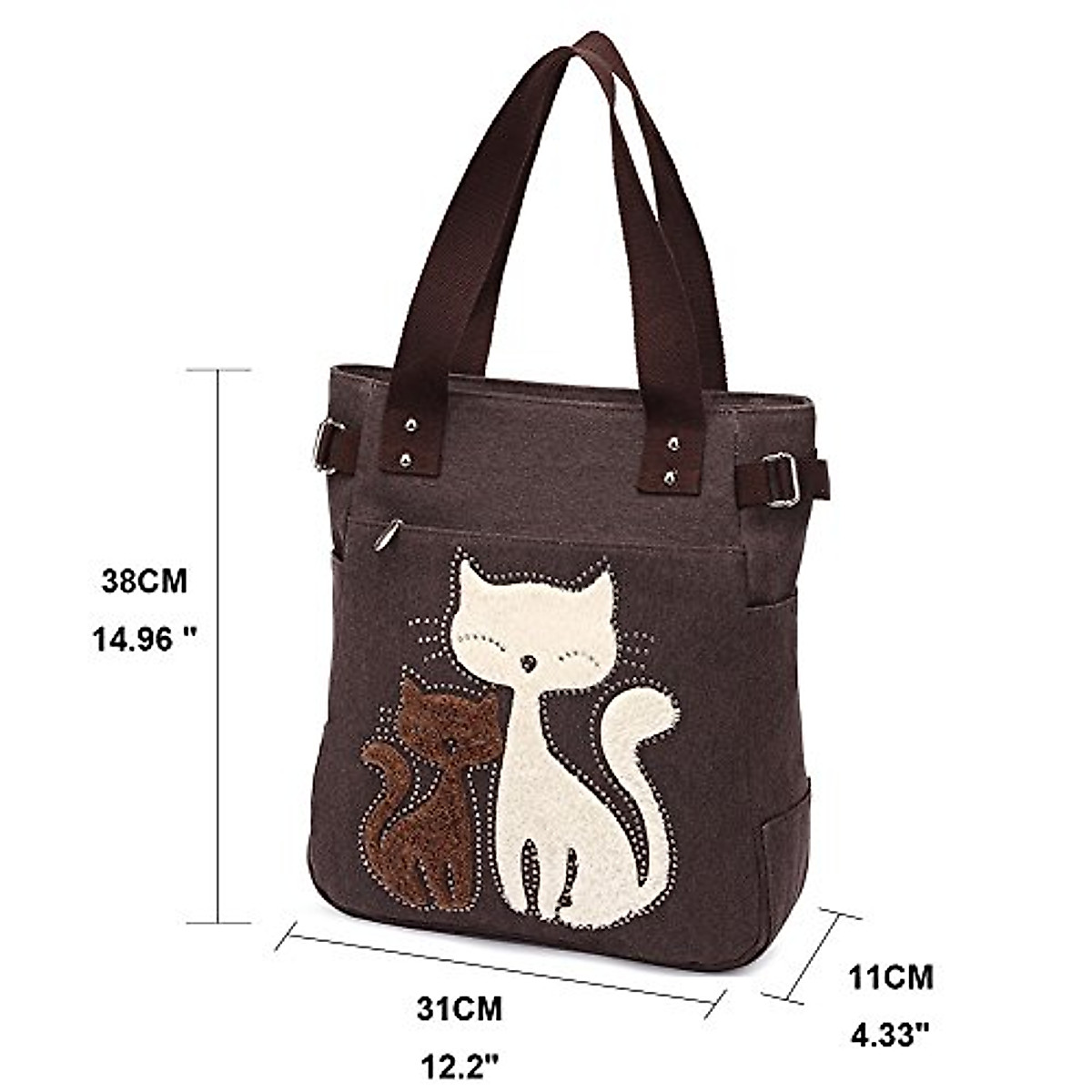 KAUKKO Women Canvas Handbag Shoulder Bag Cat Big Tote Bag Coffee