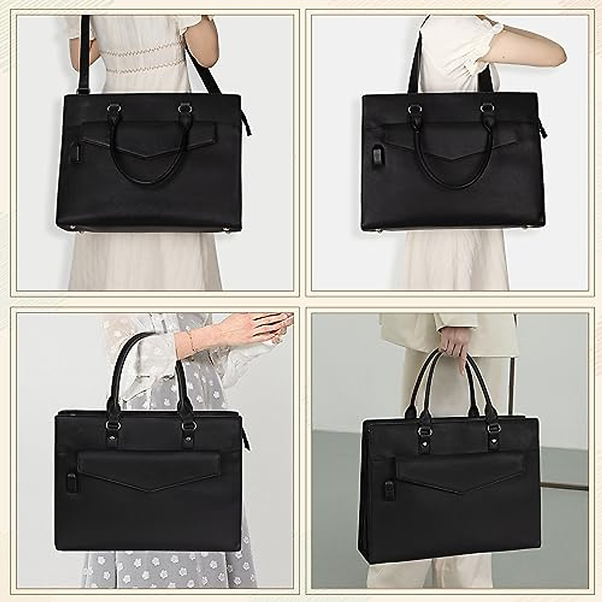 Laptop Tote Bag for Women, 17 Inch Laptop Bag Waterproof Leather Computer Tote Bag, Large Work Bag with USB Charging Port, Womens Laptop Briefcase Business Office Handbag Work Shoulder Bag, Black