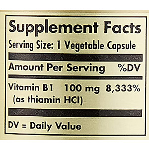 Solgar Vitamin B1 (Thiamin) 100 mg, 100 Vegetable Capsules - Energy Metabolism, Healthy Nervous System, Overall Well-Being - Non-GMO, Vegan, Gluten Free, Dairy Free - 100 Servings