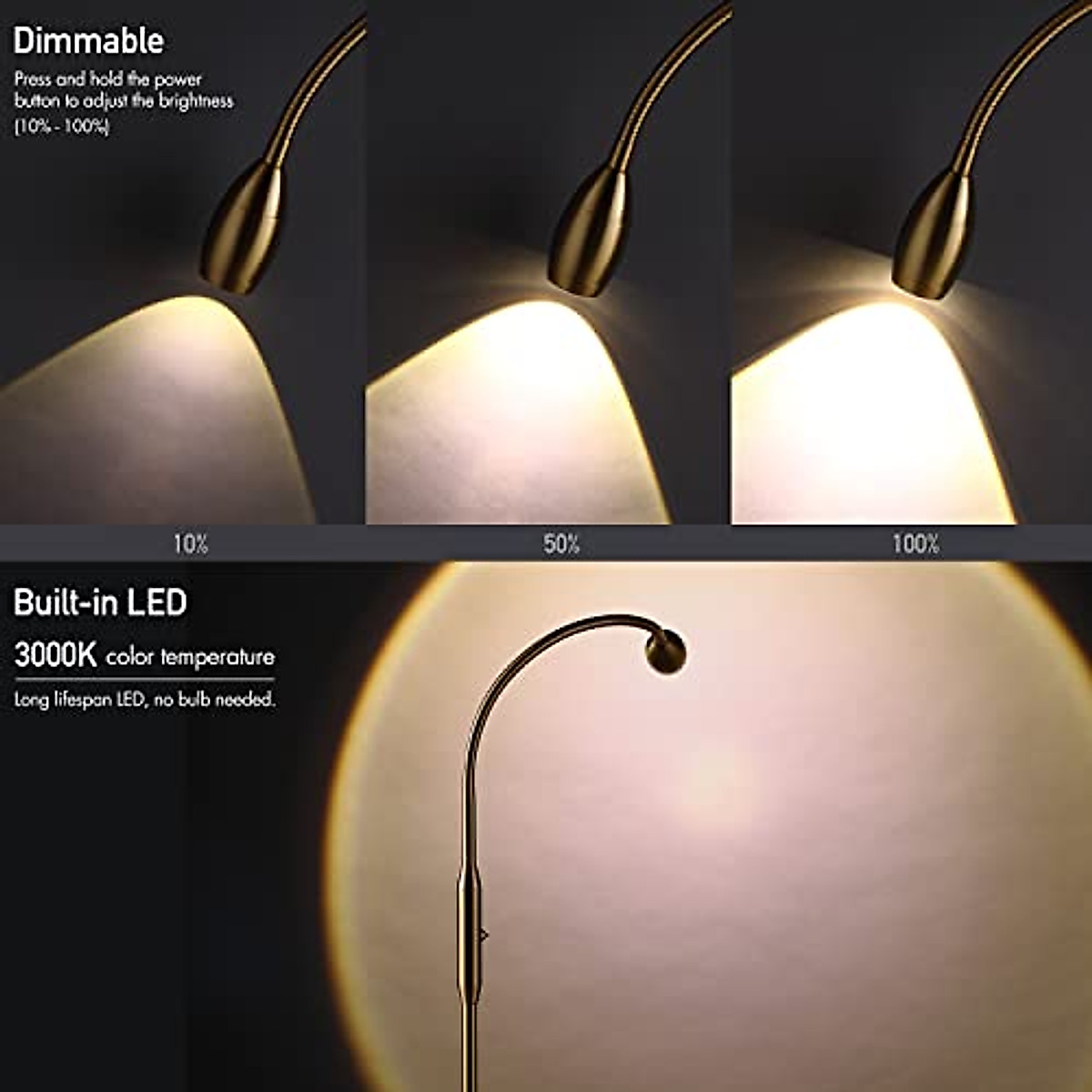 O’Bright Ray – Adjustable LED Beam Floor Lamp, Dimmable and Zoomable Spotlight, Flexible Gooseneck, Reading/Crafting Standing Lamp, Work Table Light, Antique Brass