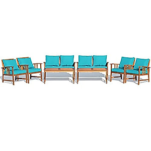 Tangkula 8 PCS Acacia Wood Patio Furniture Set, Outdoor Seating Chat Set w/Gray Cushions Back Pillow, Outdoor Conversation Set w/Coffee Table for Garden, Backyard, Poolside