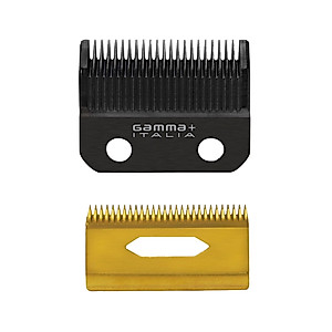 GAMMA+ Replacement Fixed Black Diamond Carbon DLC Taper Hair Clipper Blade with Moving Gold Titanium Deep Tooth Cutter Set