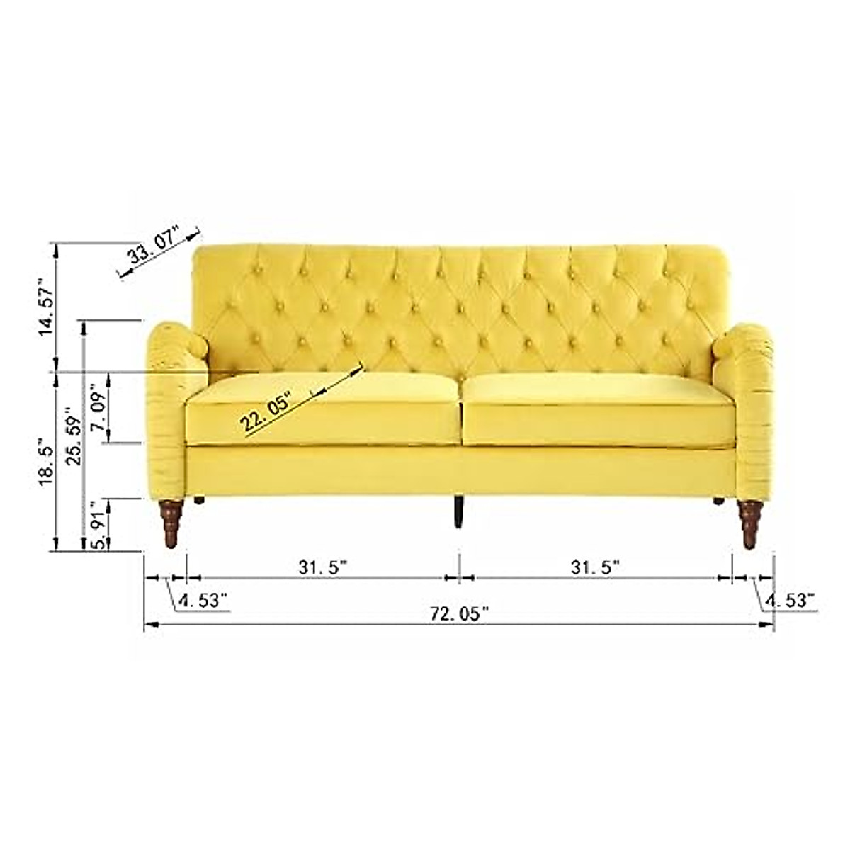 JINS&VICO Sofa Couch, Velvet Accent Sofa with Tufted Back, Upholstered Chesterfield Couch,Modern Sofa with Wood Legs for Living Room Furniture, Yellow