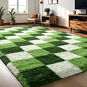 Larhom Modern Checkerboard Rug for Living Room Bedroom, 4x6 Ft Green Checkered Fluffy Carpet, Thickened Memory-Foam Area Rug for Kids Nursery Dorm, Home Decor, Anti-Slip and Easy to Clean